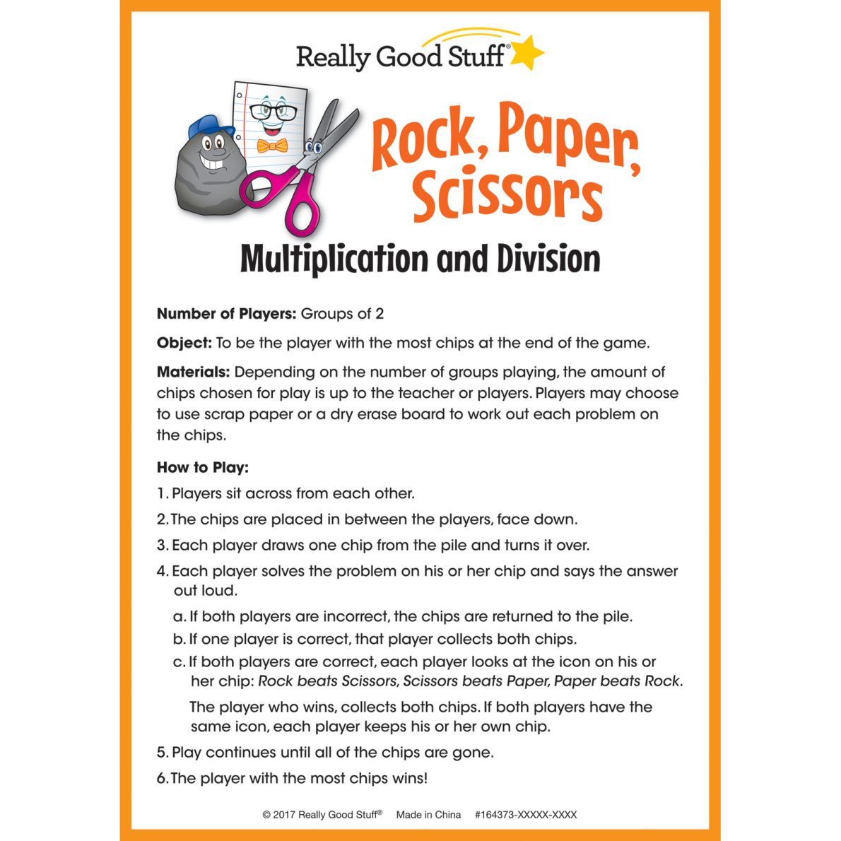 Really Good Stuff® Rock, Paper, Scissors Math Game - Multiplication And ...