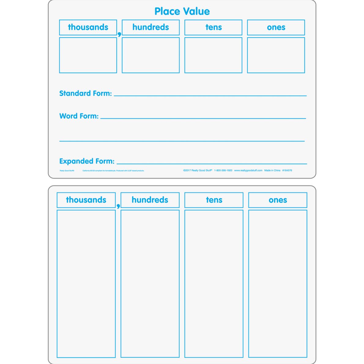 Basic Place Value Dry Erase Boards - 6 boards