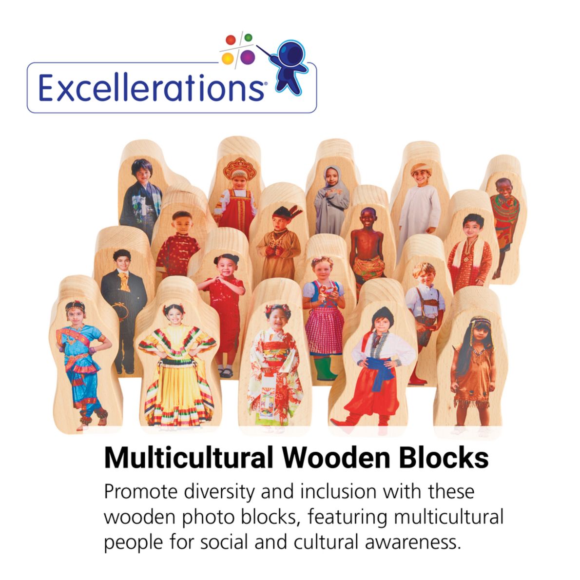 Excellerations® Wooden Photo Blocks Multicultural People Set of 18