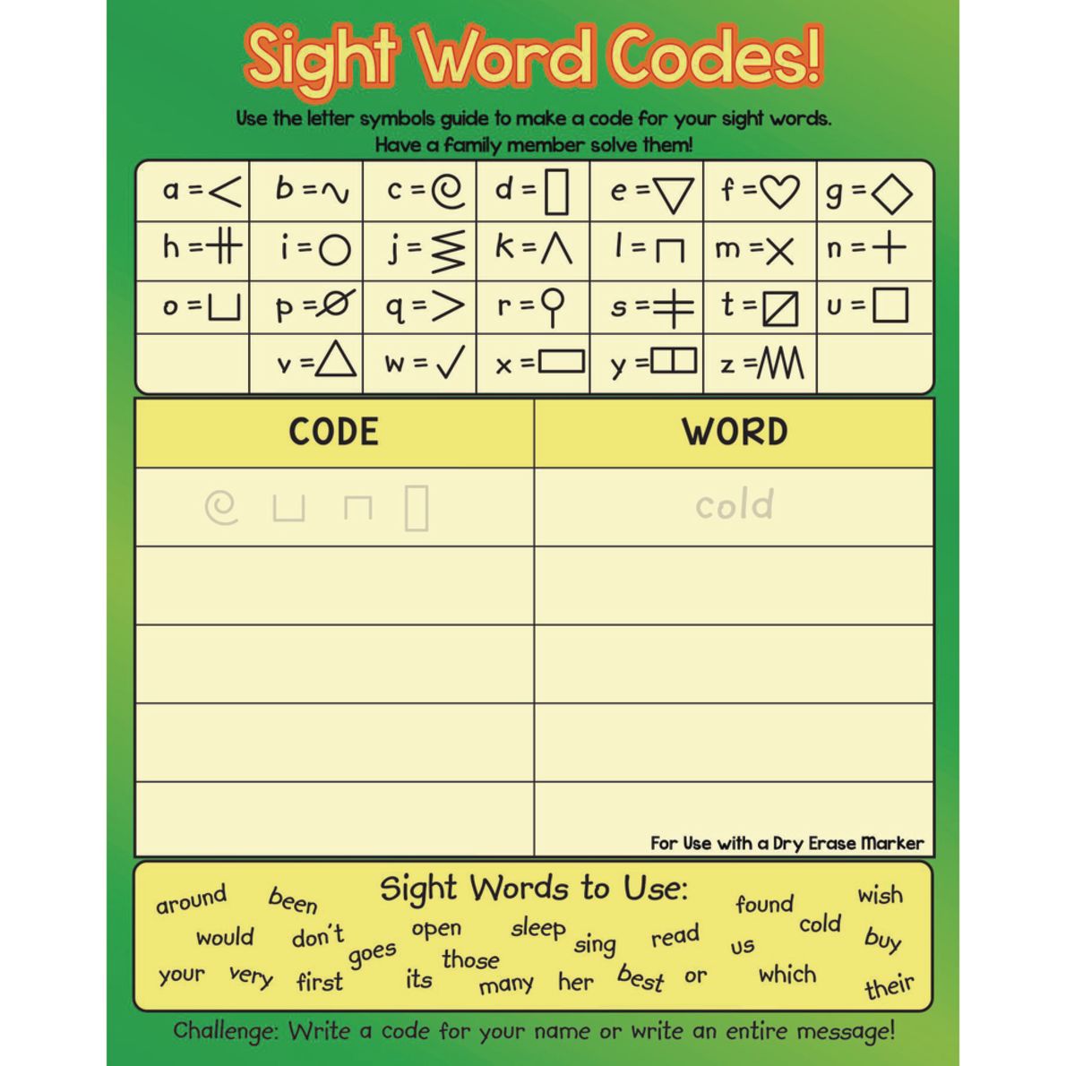 Really Good Stuff® Sight Word Codes and Tic-Tac-Toe Dry-Erase Practice ...