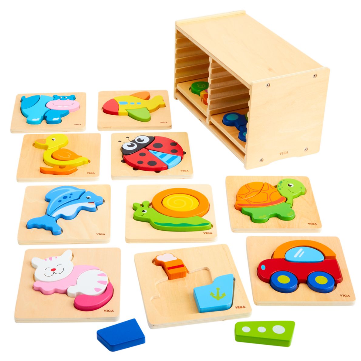 Handy Wooden Block Puzzles - 12 Piece Set with Storage Shelf