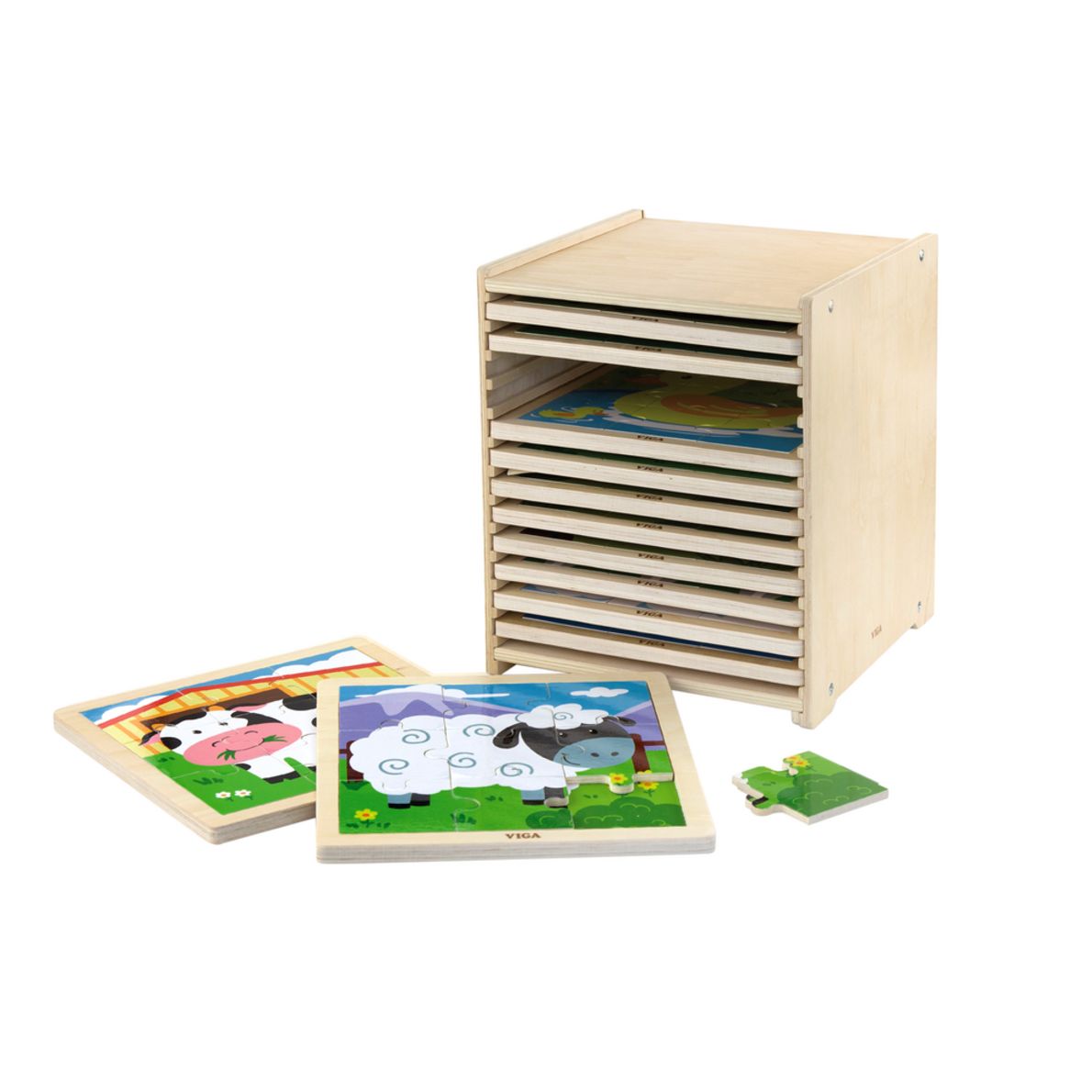 9-Piece Wooden Puzzle - Set of 12 with Storage Shelf