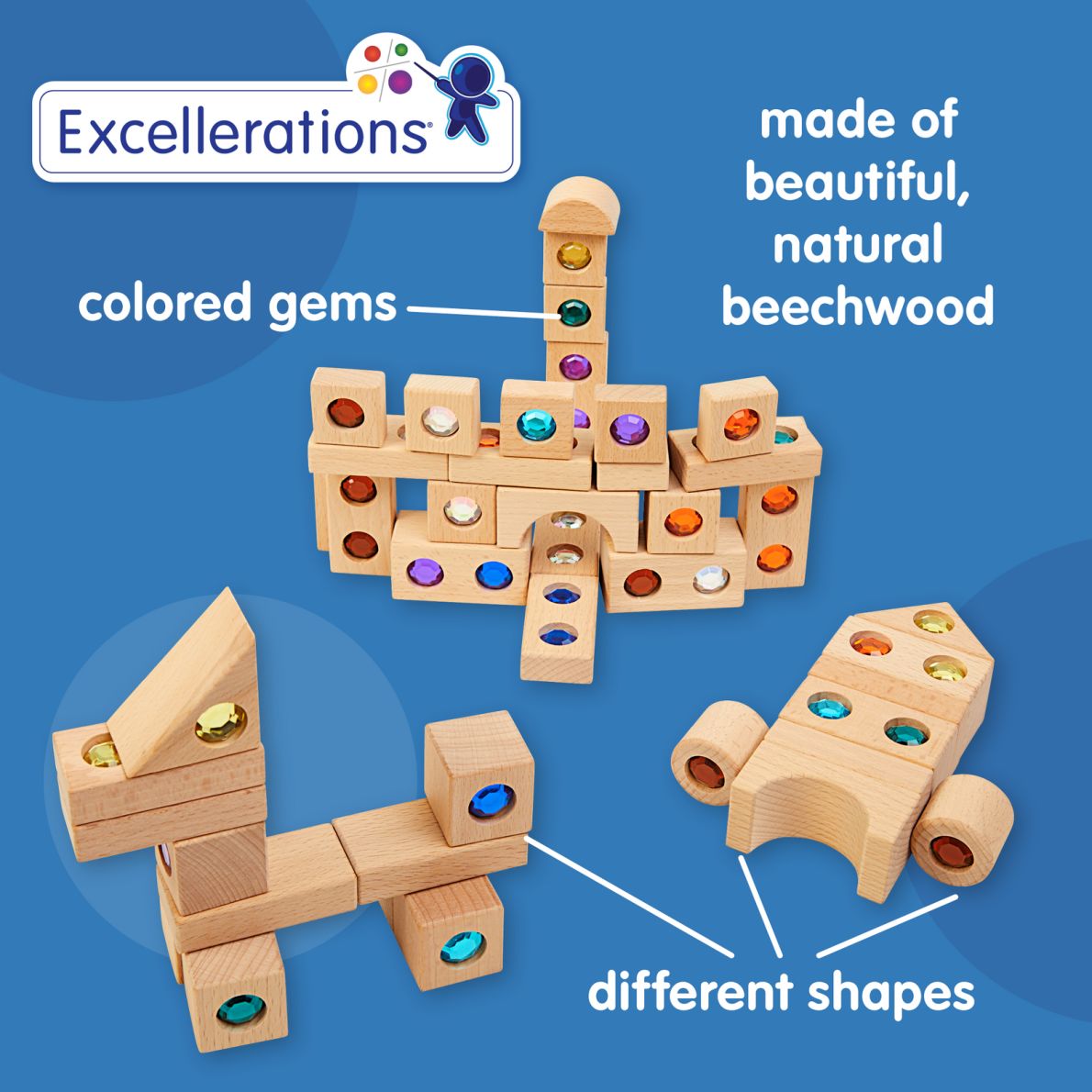 Excellerations® Wooden Gem Blocks - Set of 50 with Tray
