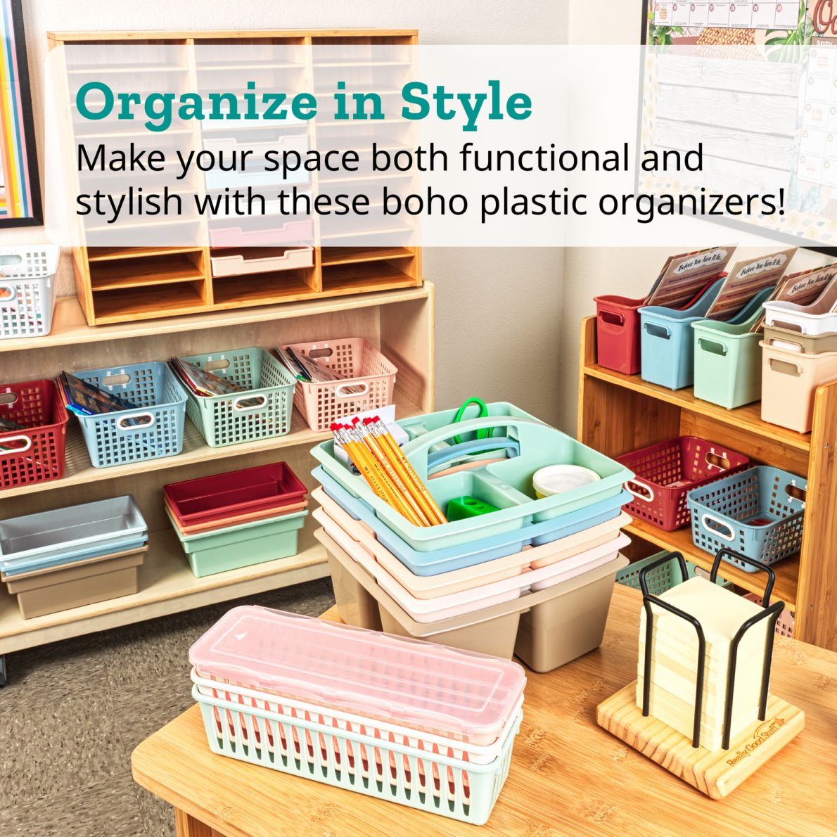 Really Good Stuff® Oak 6-Slot Mail Center With Trays Boho Colors - 1 ...