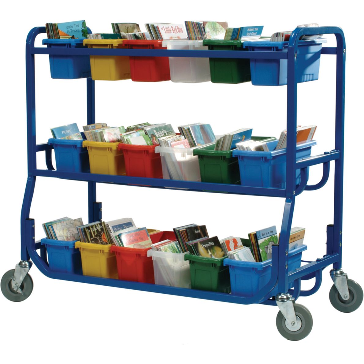 Library On Wheels Cart With 18 Small Tubs - 1 cart, 18 tubs