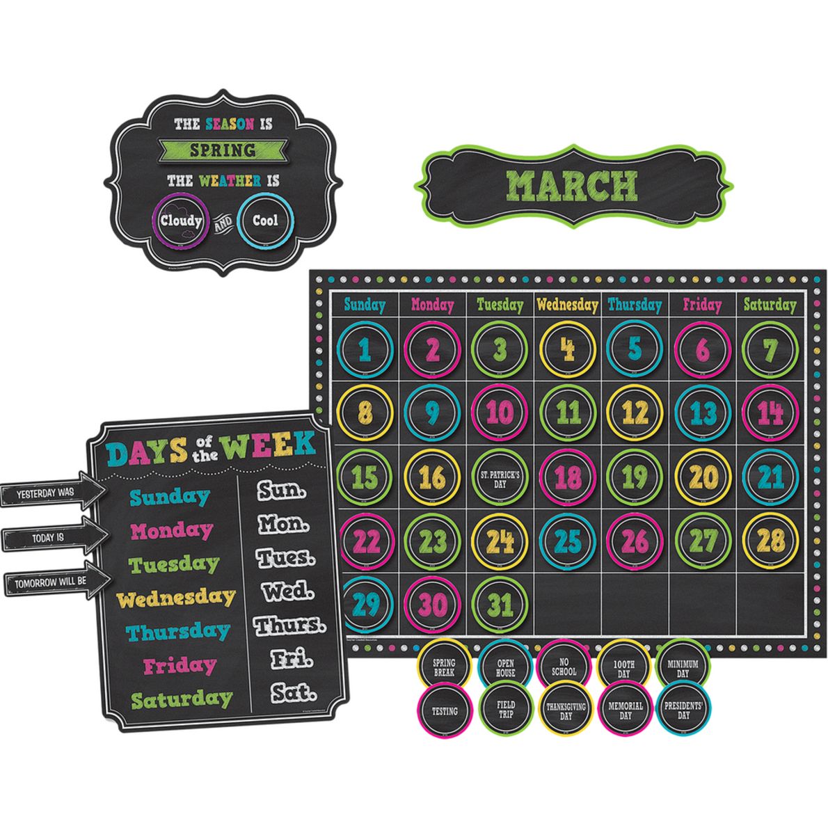 Chalkboard Brights Calendar Bulletin Board Display - 84-piece set