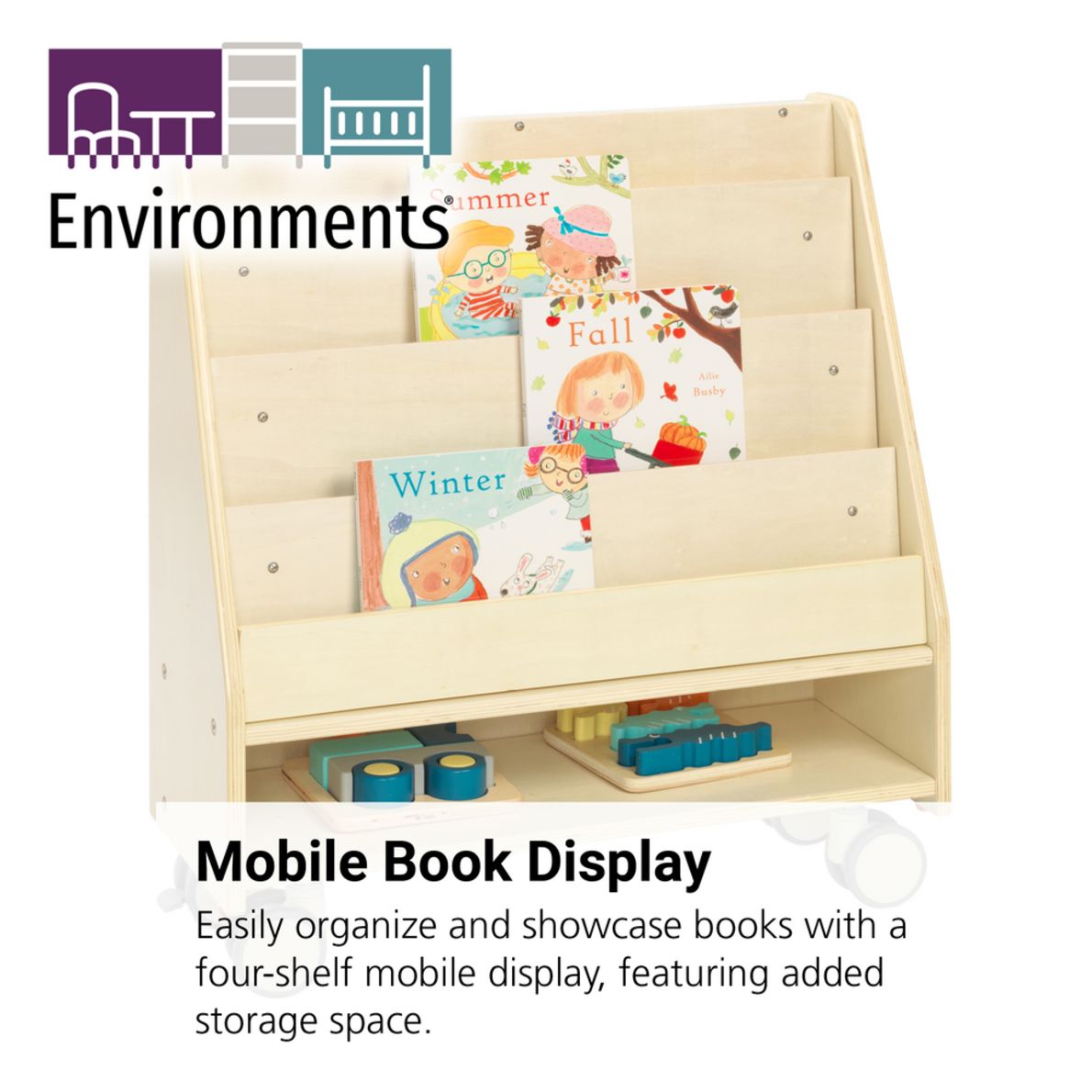 Environments® Mobile 4-Shelf Book Display with Storage - Assembled