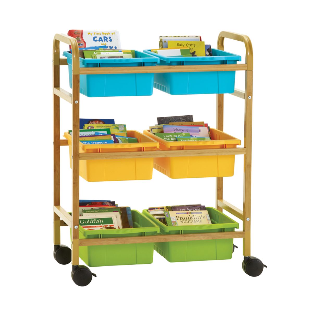 Small Bamboo Book Browser Cart with 6 Tubs- Vibrant Cool