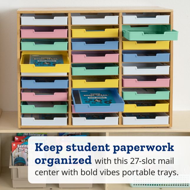 Really Good Stuff® Bamboo 27-Slot Mail Center With Bold Vibes Trays